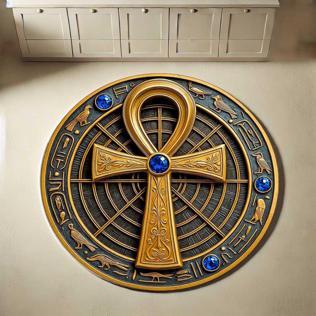 Gold Ankh Round Rug, Egyptian Symbol Living Room Decor, Sacred Geometry ...