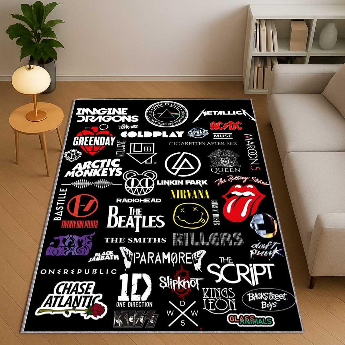 Rock Band Logos Area Rug, Music Band Carpet, Mancave Rock Decor Rug ...
