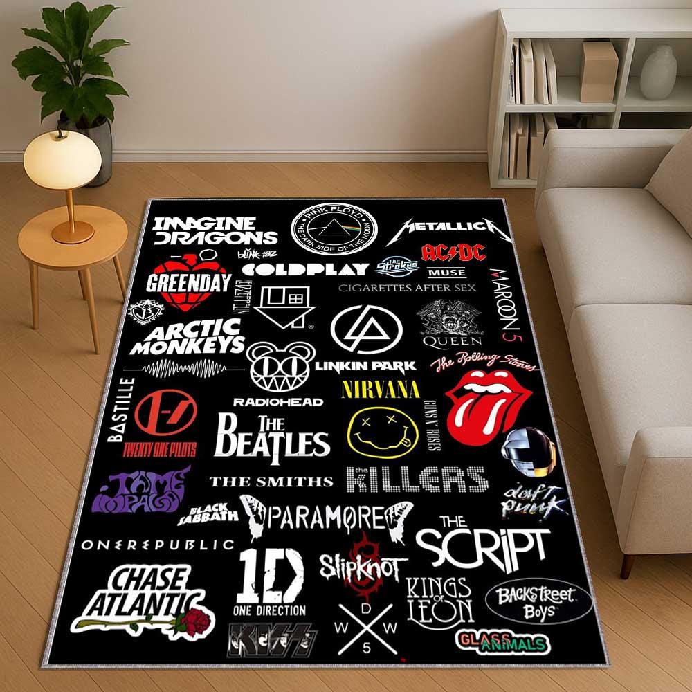 Rock Band Logos Area Rug, Music Band Carpet, Mancave Rock Decor Rug ...