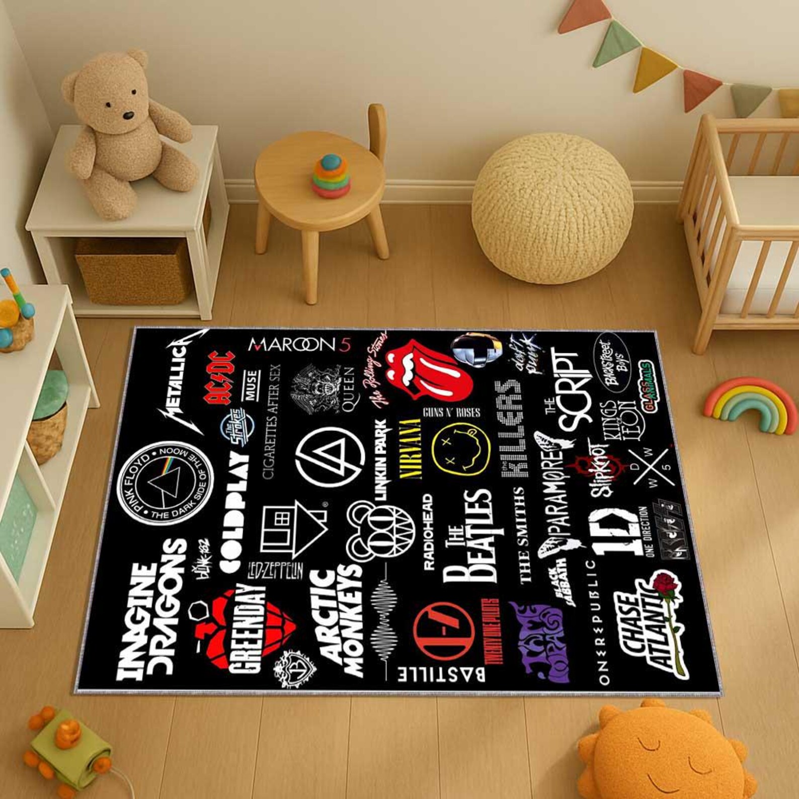 Rock Band Logos Area Rug, Music Band Carpet, Mancave Rock Decor Rug ...