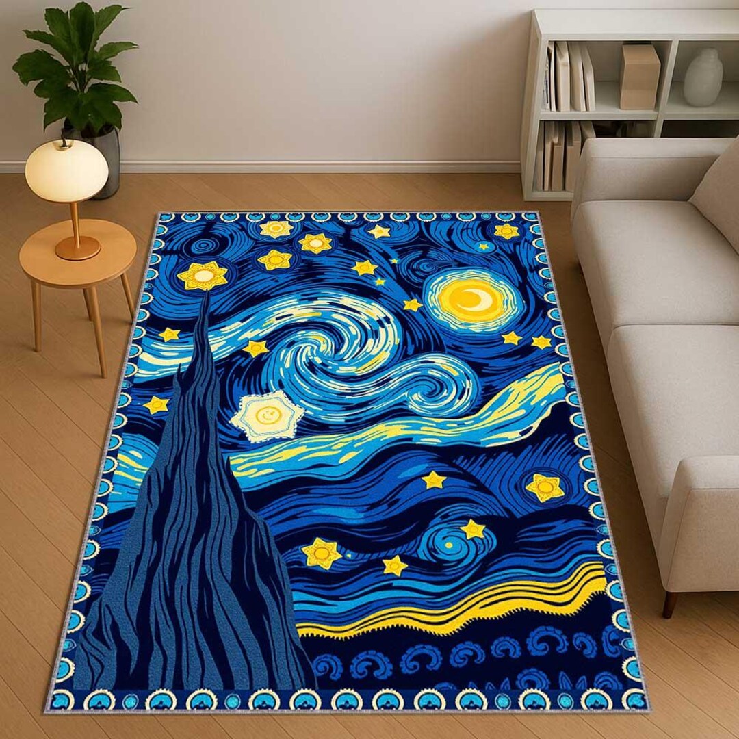 Starry Night Rug, Van Gogh Inspired Carpet, Blue Yellow Abstract Starry ...