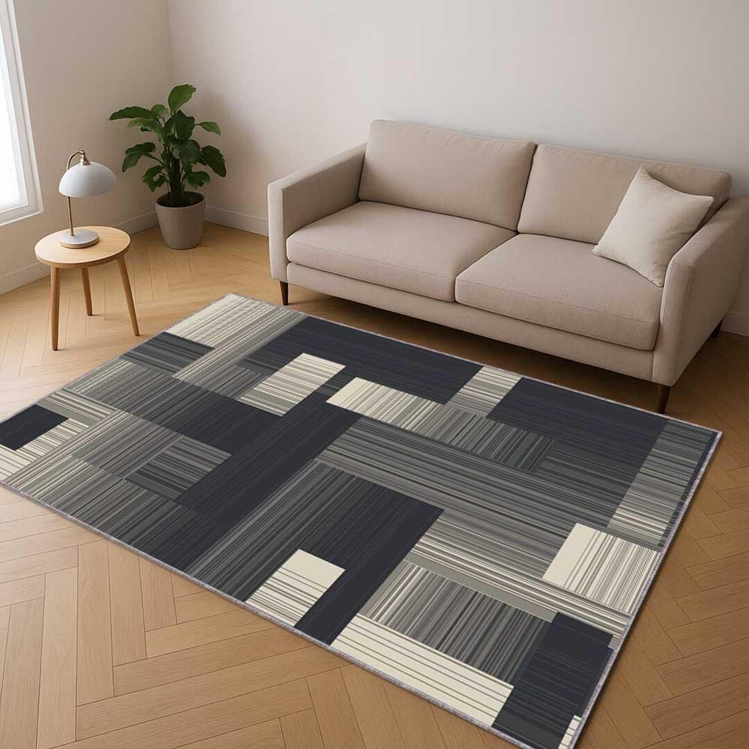 Modern Geometric Art Deco Area Rug, Neutral Grey Black Abstract Soft ...