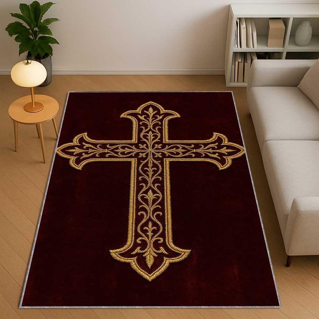Gold Cross Christian Prayer Rug, Religious Area Rug, Church Decor Floor ...