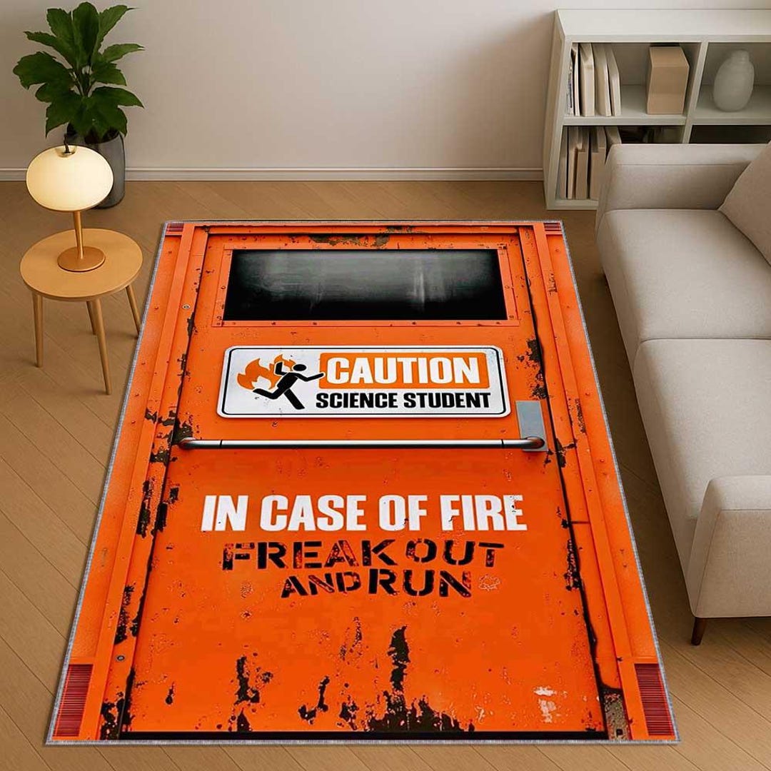 Funny Industrial Caution Sign Rug, Science Student Area Rug, Orange ...
