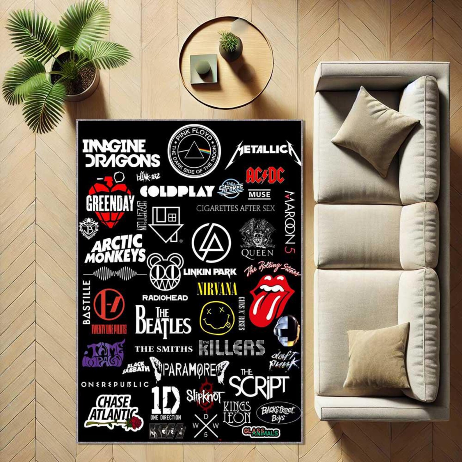 Rock Band Logos Area Rug, Music Band Carpet, Mancave Rock Decor Rug ...