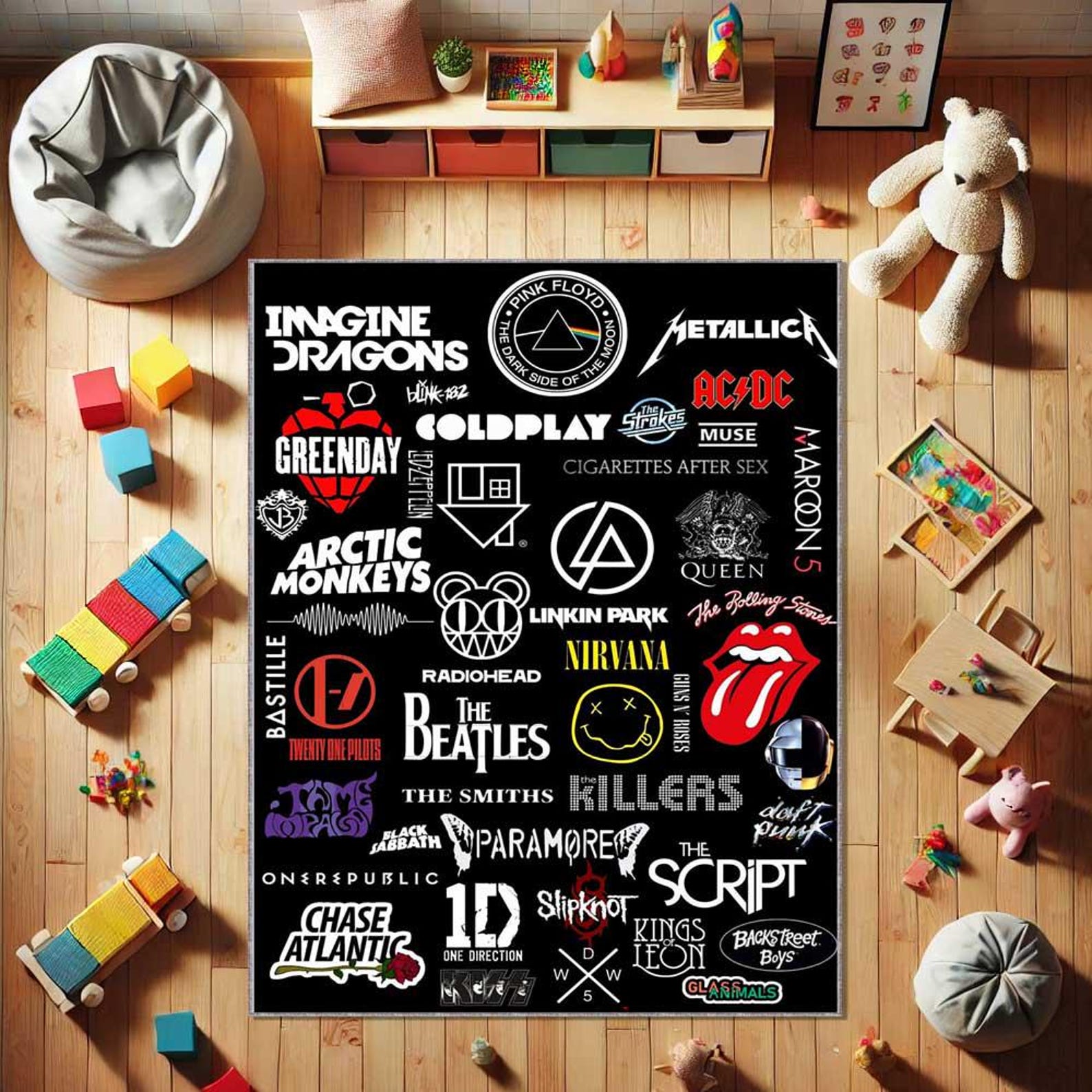 Rock Band Logos Area Rug, Music Band Carpet, Mancave Rock Decor Rug ...