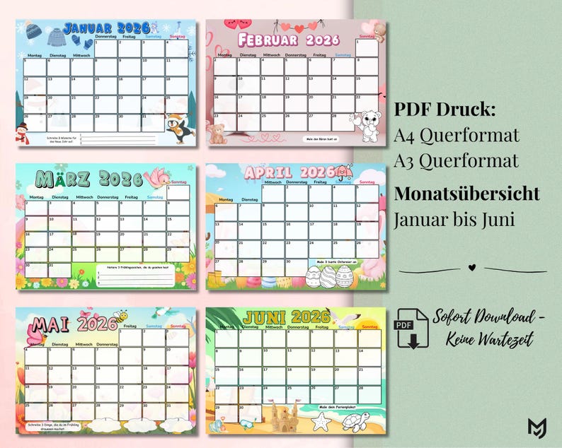 Printable Children's Calendar 2026 | A4 & A3 | With Coloring and ...