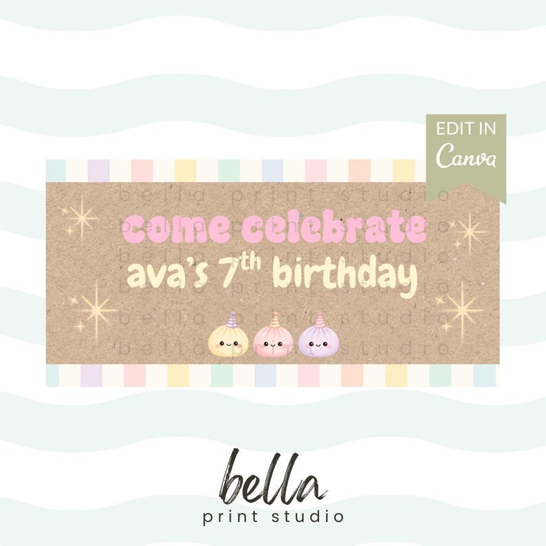 Squish Birthday Banner: Pastel Party Backdrop, Editable Canva Template ...