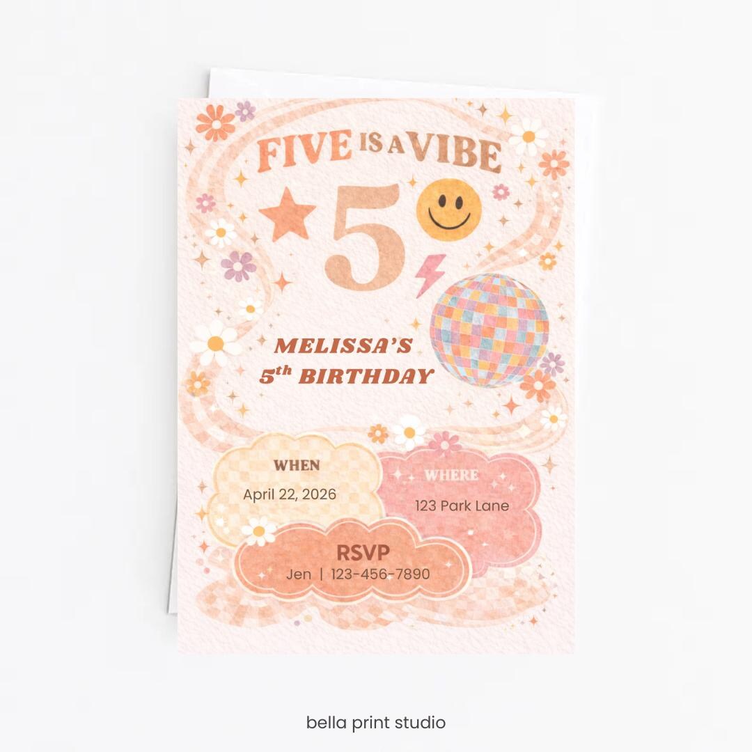 Retro Disco 5th Birthday Invitation: Editable Canva Template - Etsy