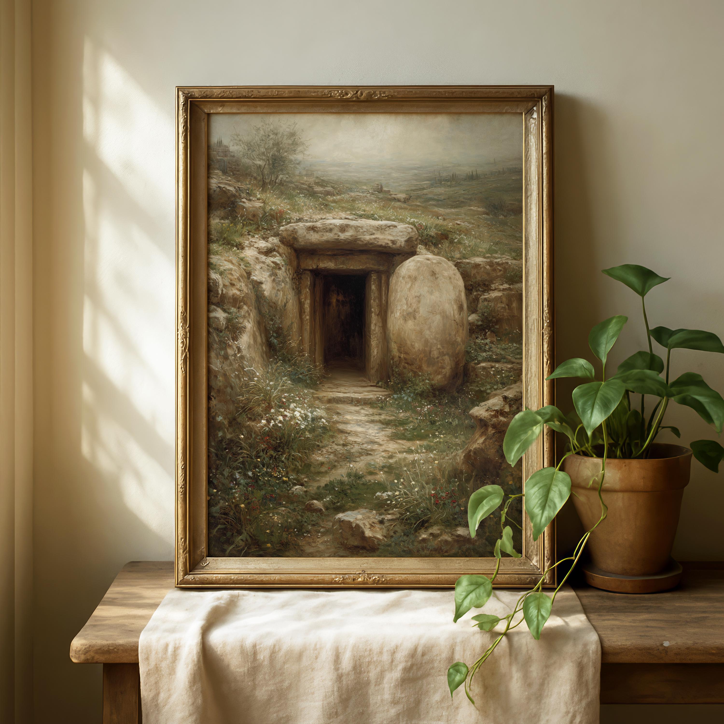 The Empty Garden Tomb - He is Risen, Vintage Oil Painting, Christian ...