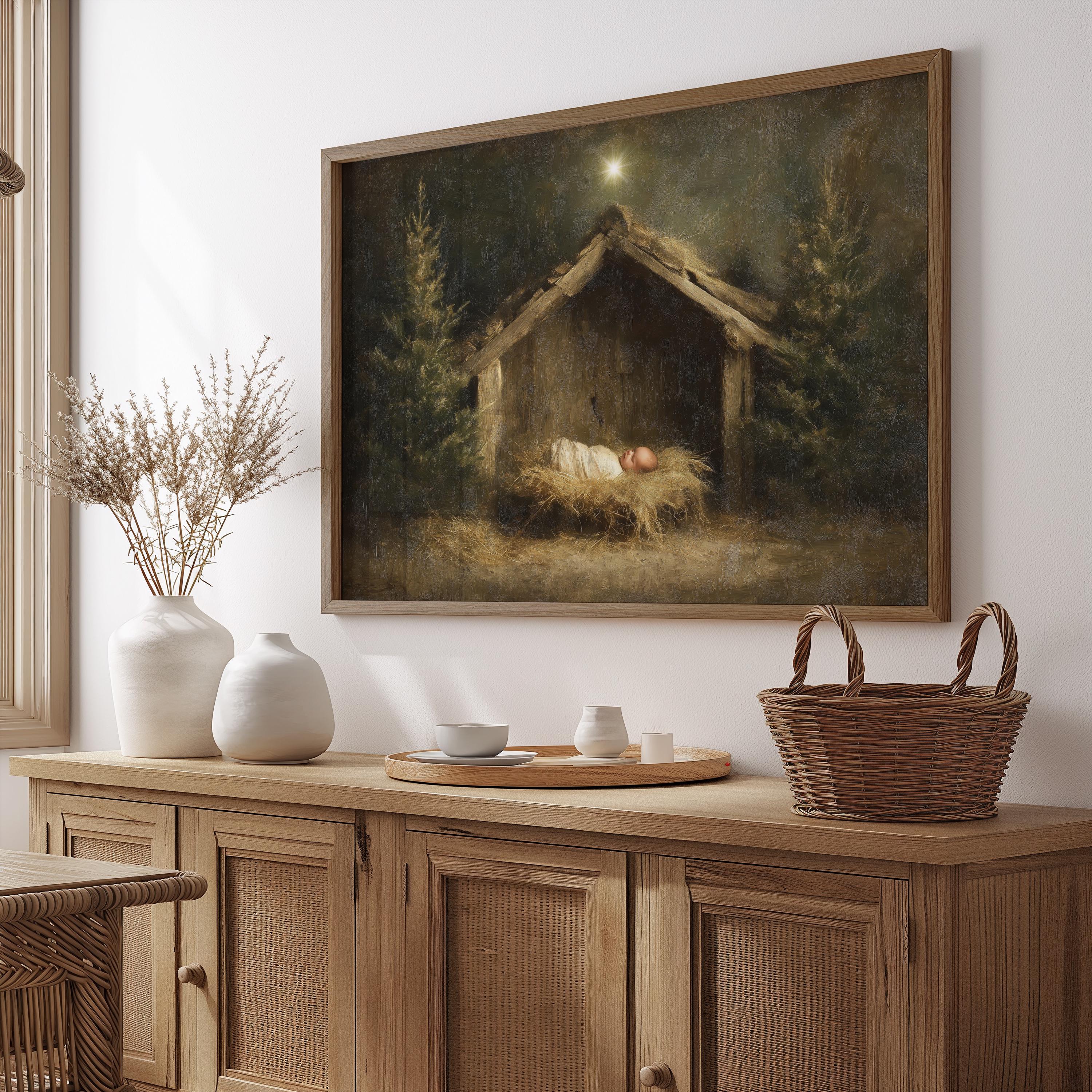 Rustic Nativity Manger Art | Baby Jesus, Oil Painting Style, Christian ...