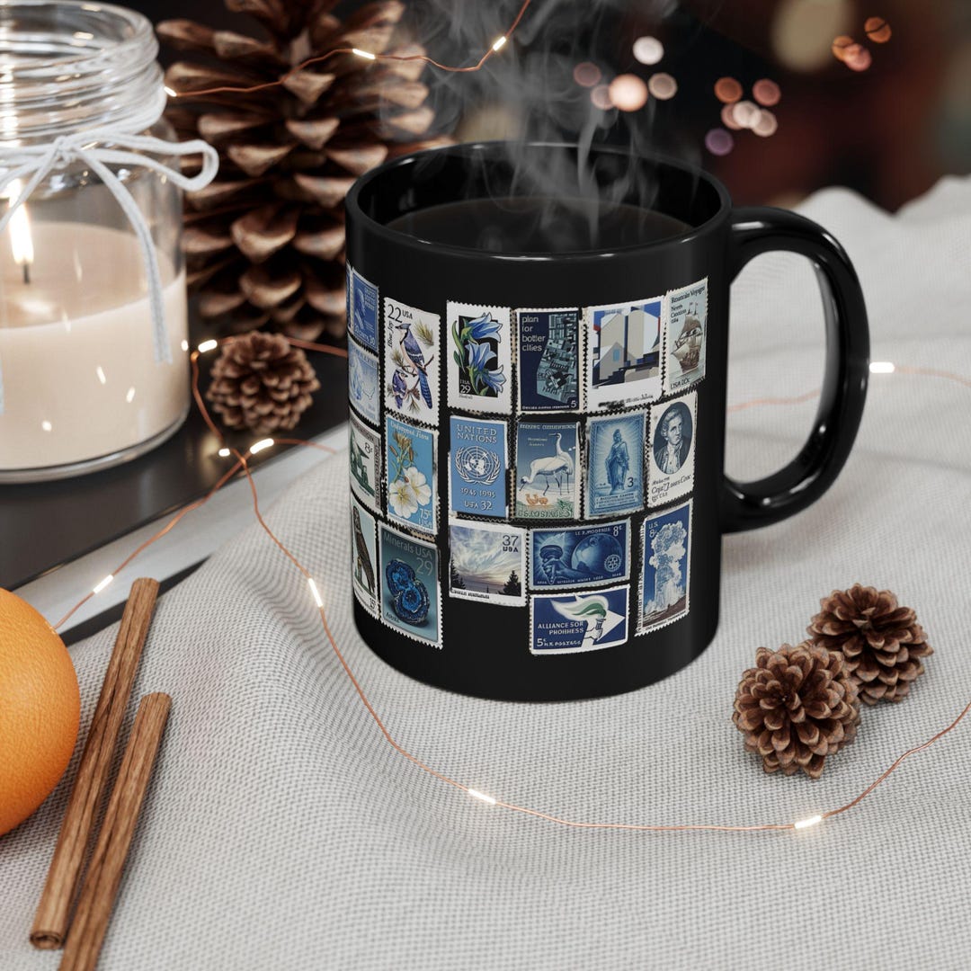 A. Vintage Inspired Black Stamp Mug, Unique Coffee Cup, Retro Design ...