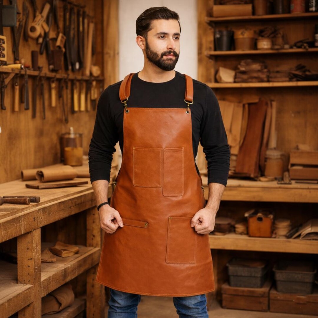 Handmade Full Grain Leather Work Apron With Tool Pockets, Adjustable ...