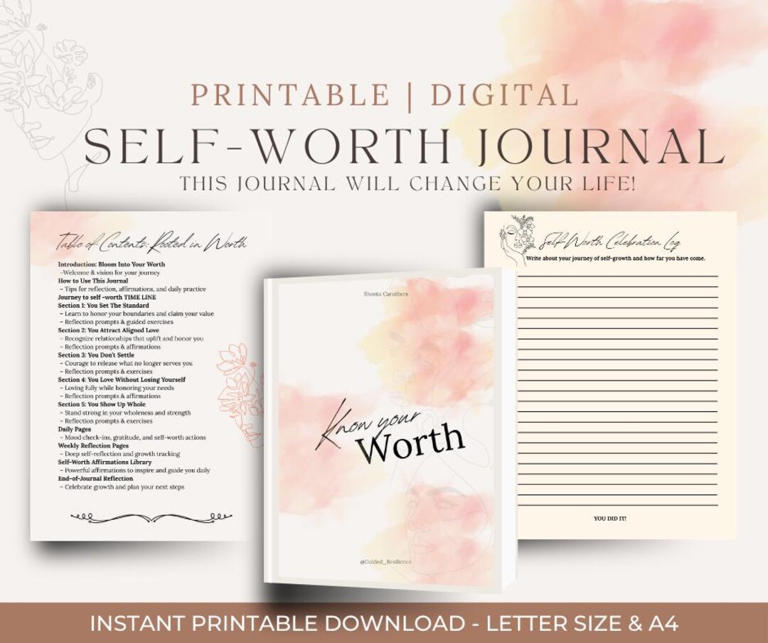 Self-worth Journal, Printable & Fillable Journal PDF, Self- Worth ...