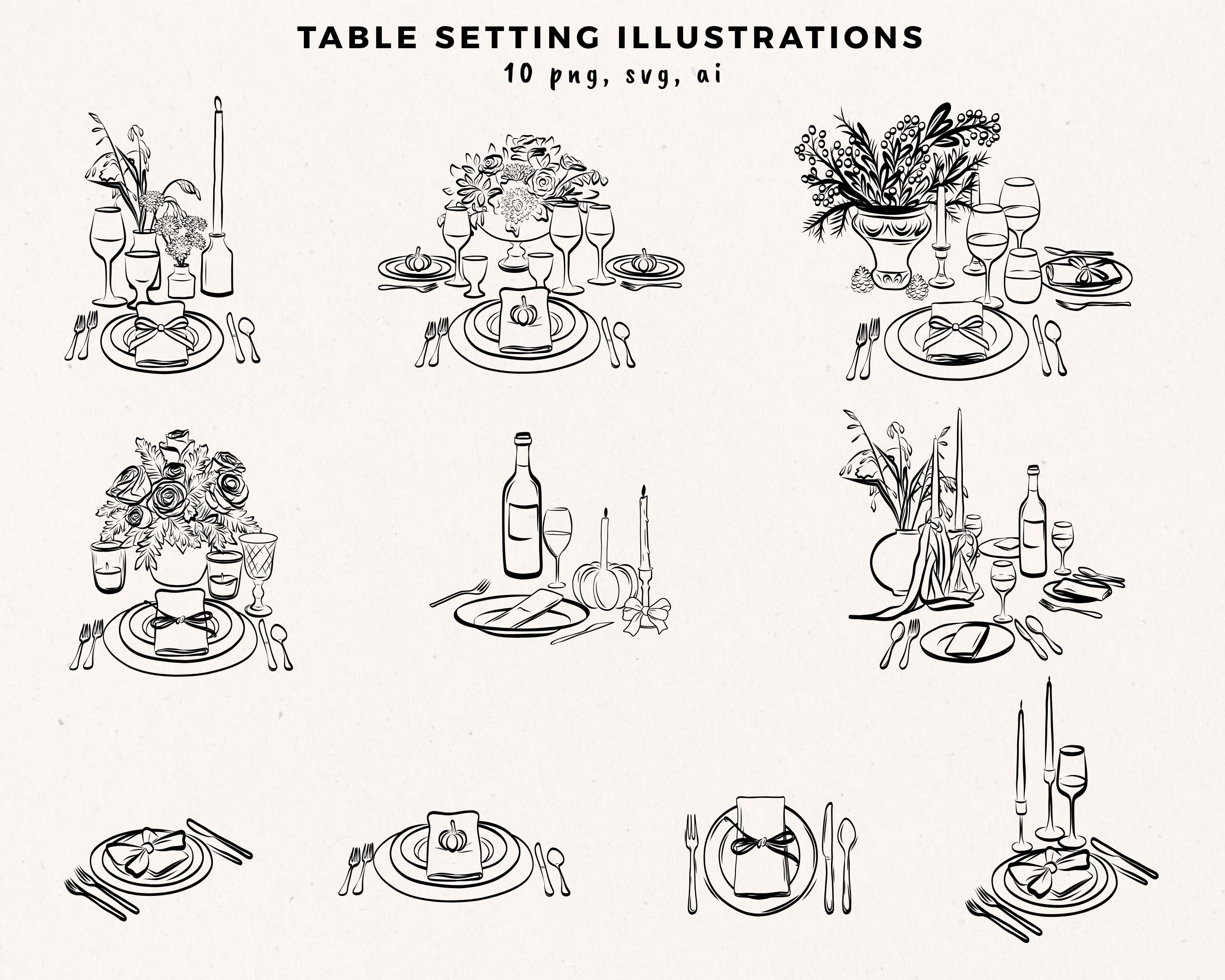 Hand Drawn Dinner Table Arrangement SVG PNG, Wedding Table Setting ...