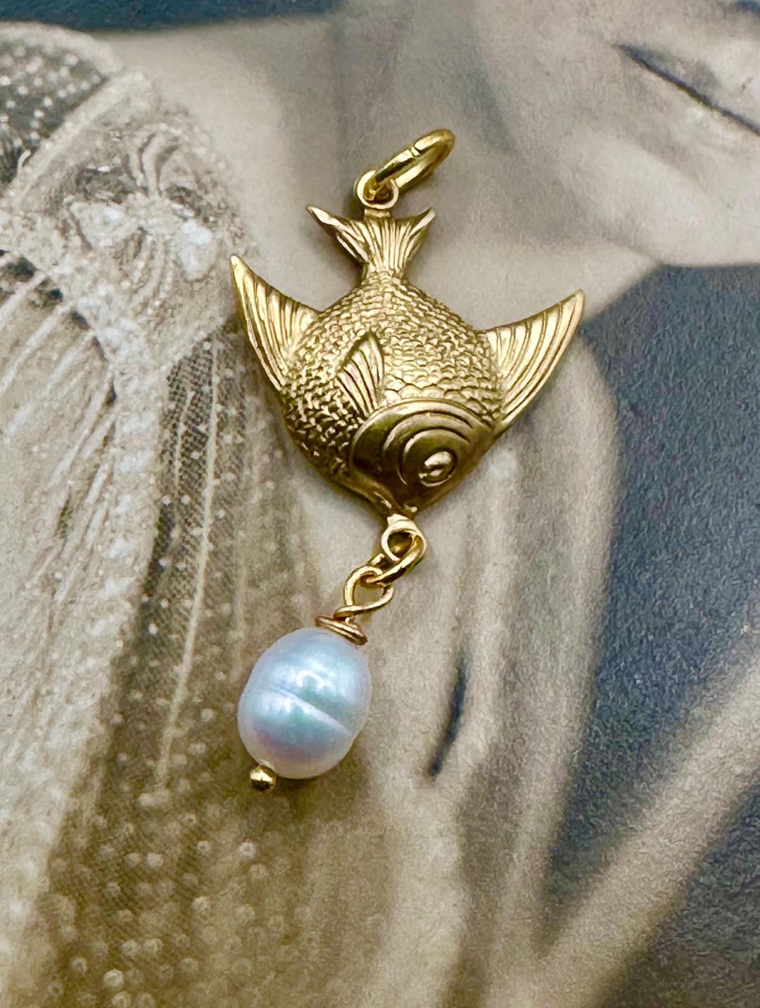 Vintage Style Angelfish Genuine FRESHWATER PEARL DROP Pendant Charm for ...