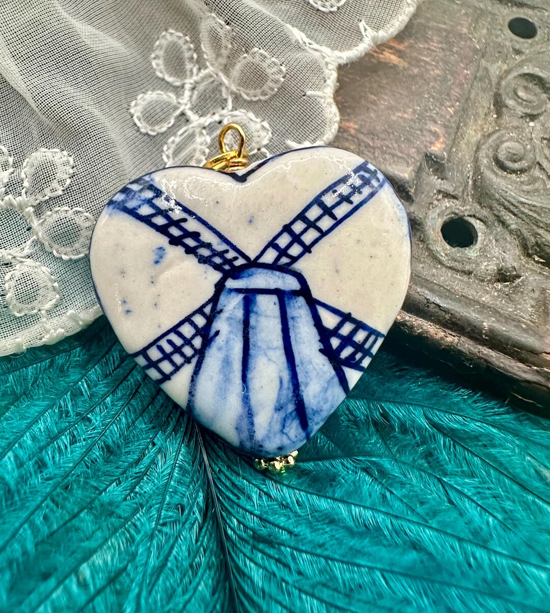 Vintage Style HAND PAINTED Ceramic HEART Windmill Charm Pendant for ...