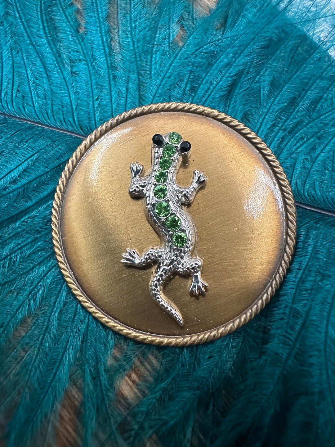 XL Collectible Green Rhinestone LIZARD BUTTON Round Metal Button Silver ...