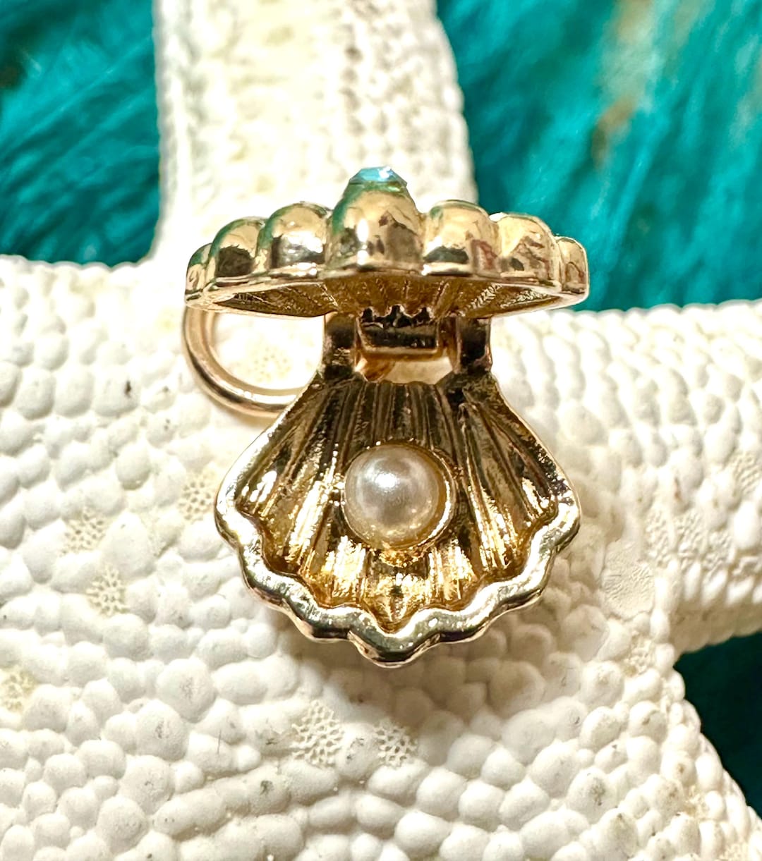 Gold Opening RHINESTONE PEARL CLAM Scallop Shell Pendant Charm for ...