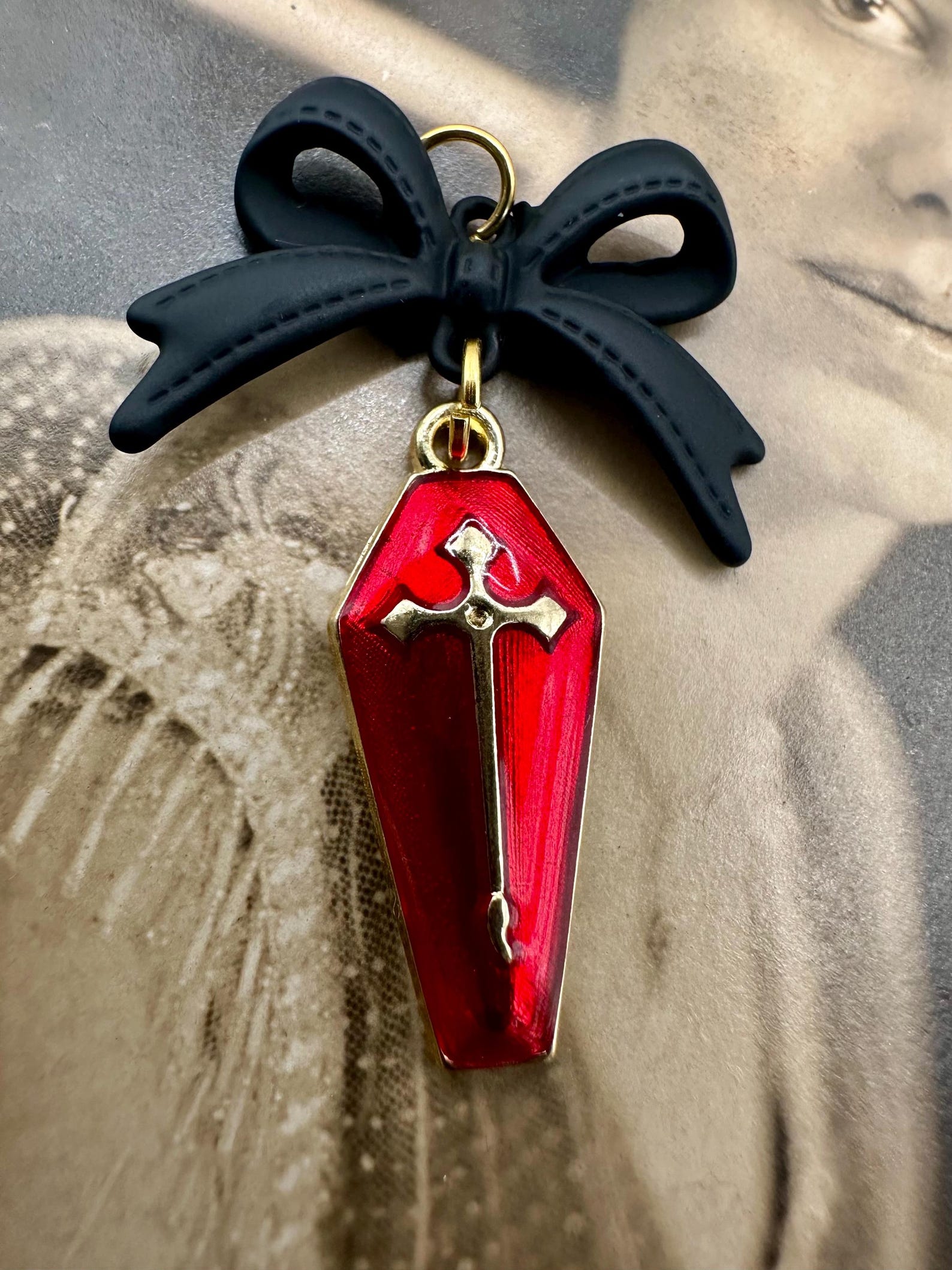 Goldtone Black BOW RED COFFIN Gothic Halloween Charm Pendant Gold for ...