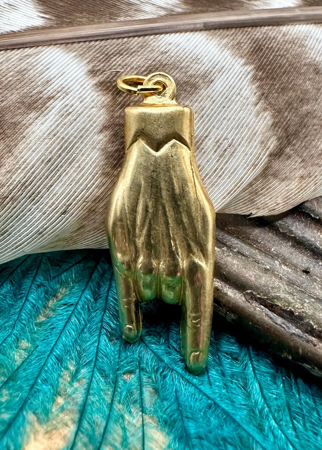 Vintage Raw Brass PUFFY HAND HORNS Charm for Necklace Pendant Earrings ...