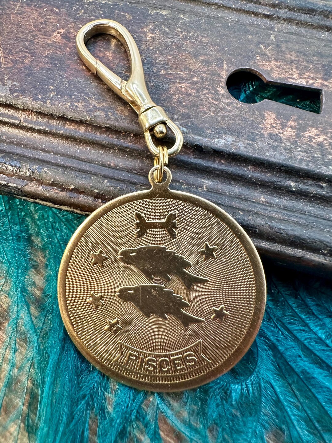 Vintage Raw Brass BIG PISCES Zodiac PURSE Charm Gold Gift for Her Key ...