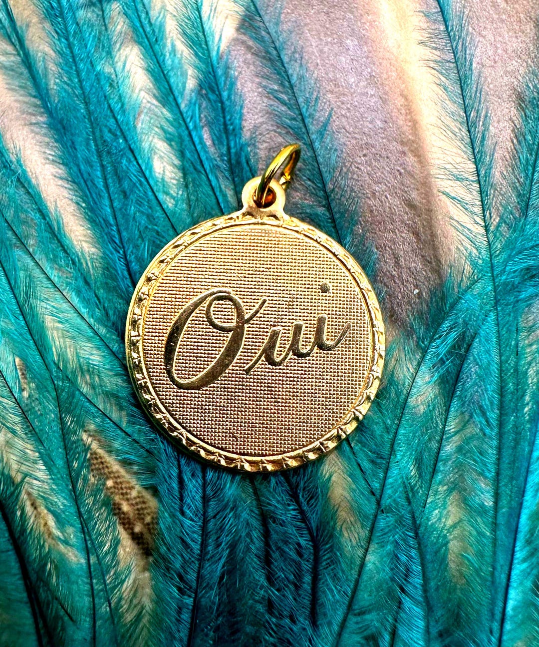 Vintage Raw Brass FRENCH OUI Yes Charm Pendant for Necklace Gold Round ...