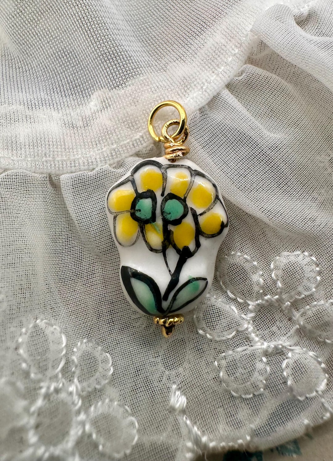 Vintage Style Sweet HAND-PAINTED PORCELAIN Double Yellow Flower Charm ...