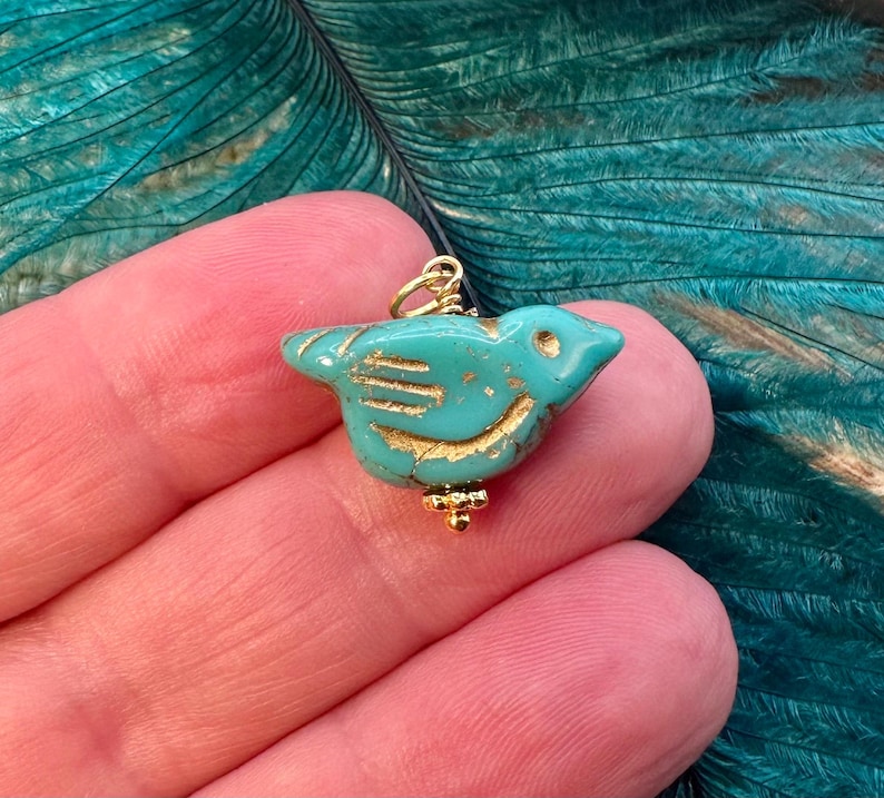 Vintage Style TURQUOISE GOLD Little BIRD Czech Glass Bead Charm Pendant ...