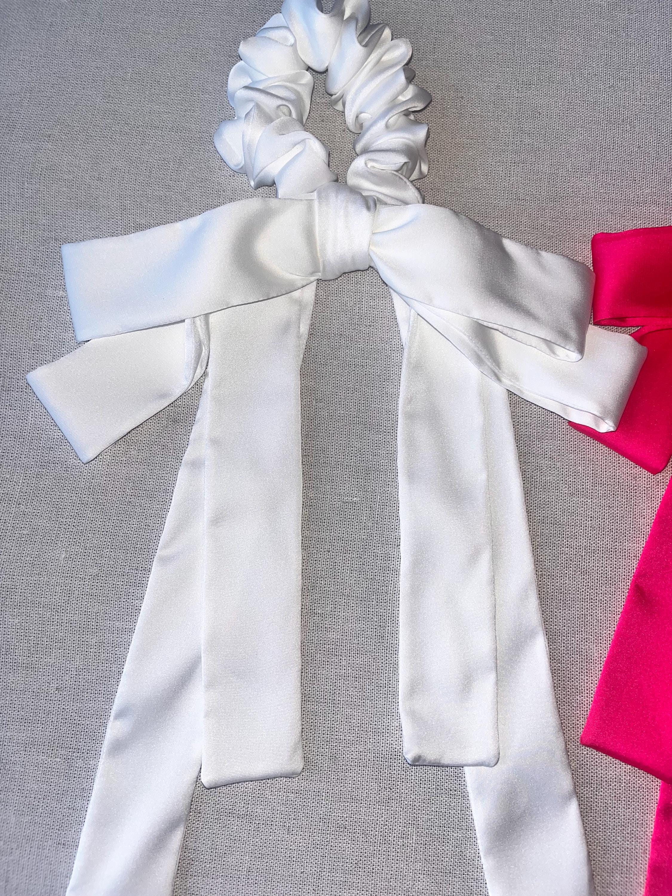 White and Hot Pink Satin Scrunchie Set With Double Bow Ribbons - Etsy