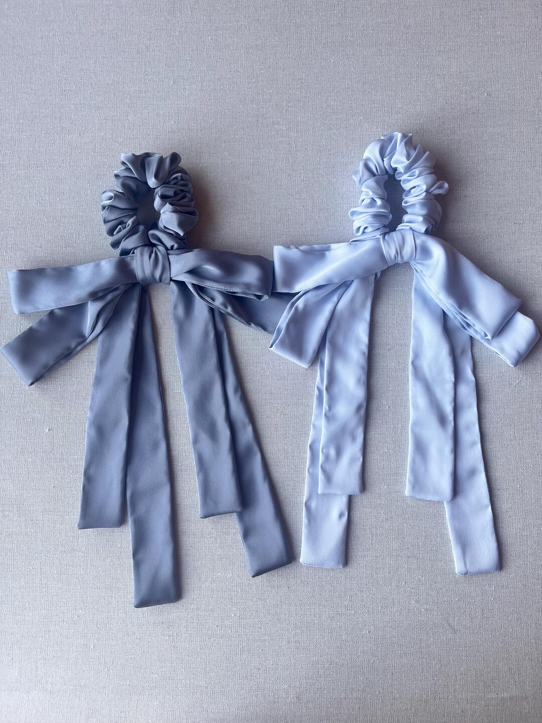 Metallic Gray and Light Blue Satin Scrunchie Set With Double Bow ...