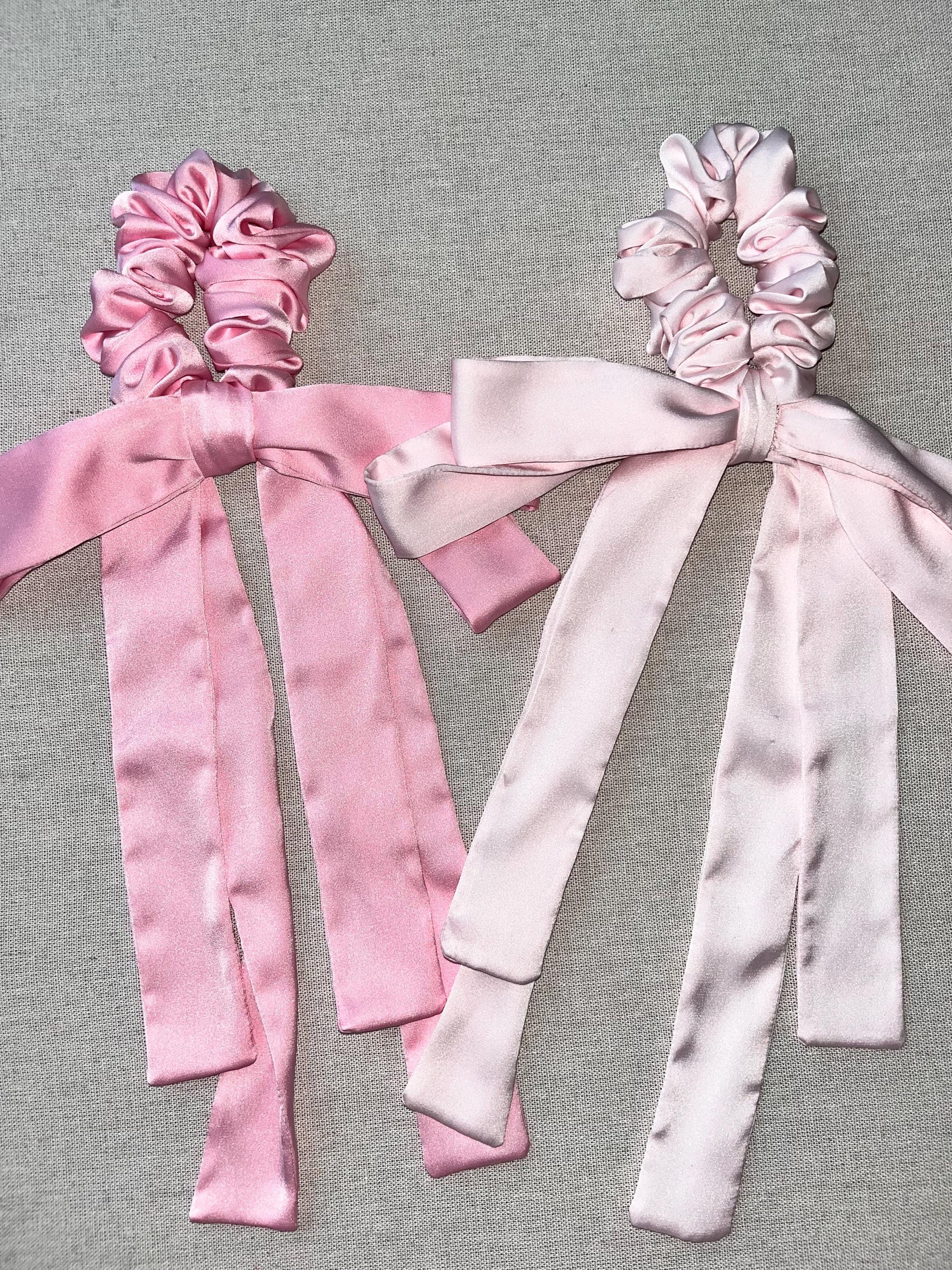 Light Pink Satin Scrunchies With Double Bow Ribbons in Set of 2 - Etsy
