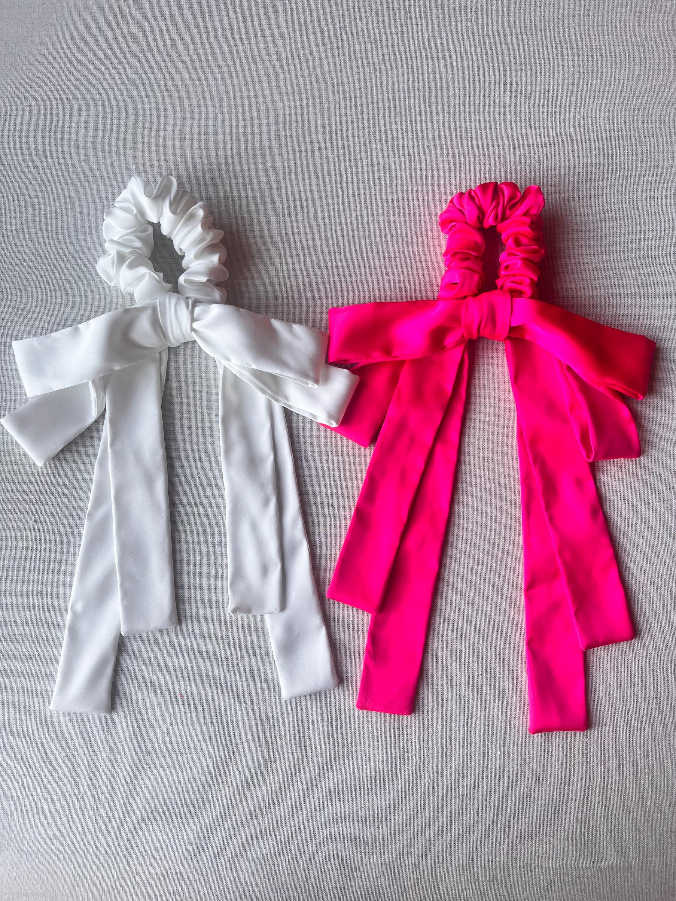 White and Hot Pink Satin Scrunchie Set With Double Bow Ribbons - Etsy