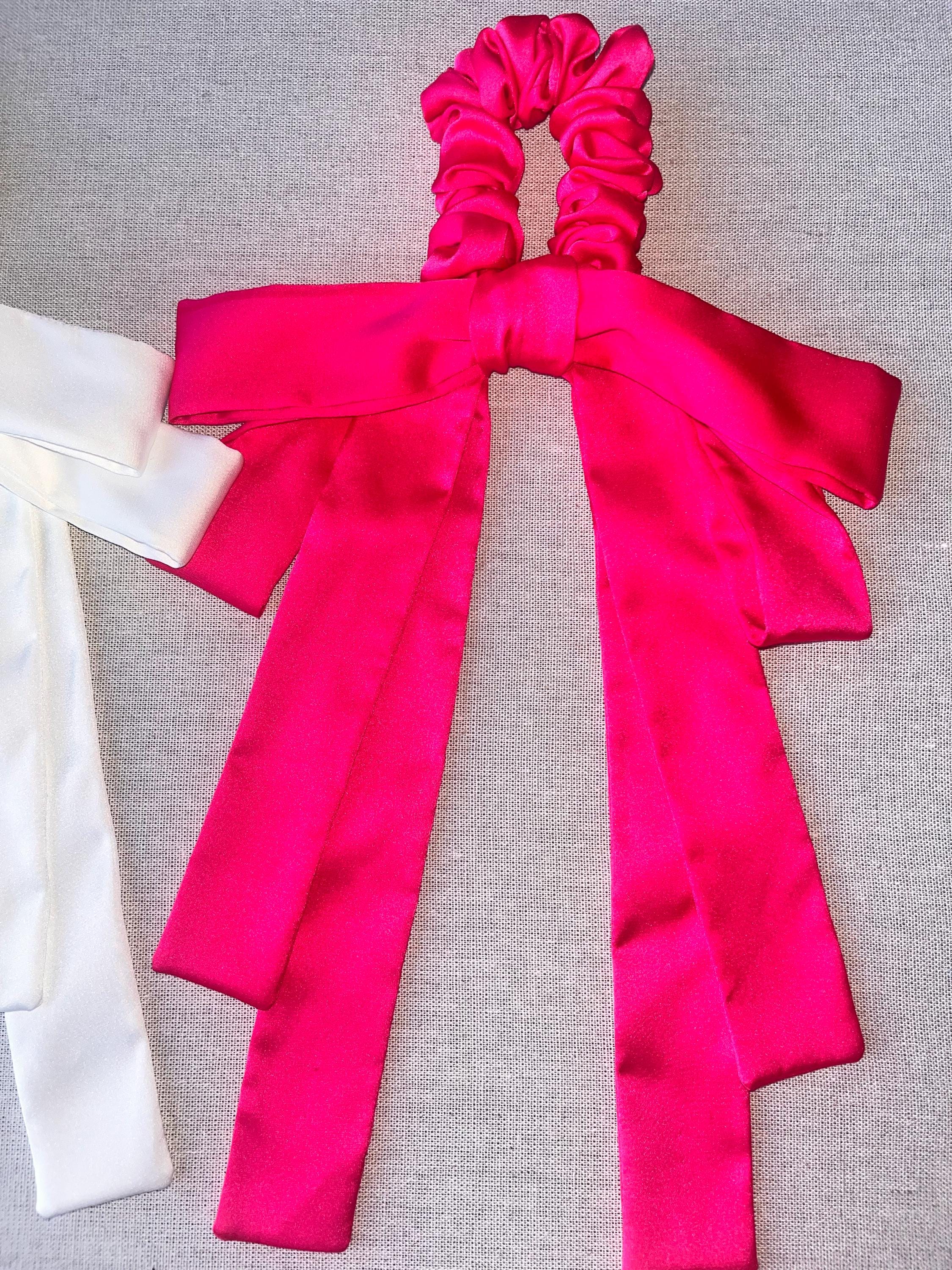White and Hot Pink Satin Scrunchie Set With Double Bow Ribbons - Etsy