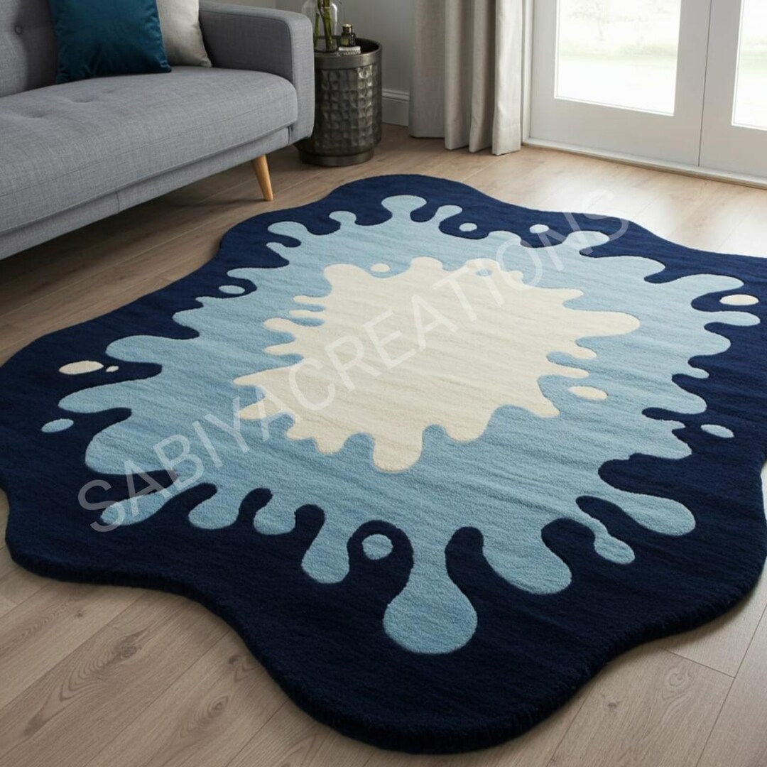 Abstract Blue Splatter Wool Rug: Modern Irregular Shape - Etsy