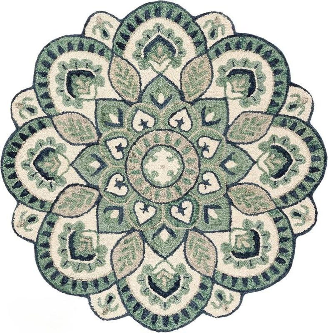 Hand-tufted Wool Mandala Rug: Green Floral Boho Carpet - Etsy