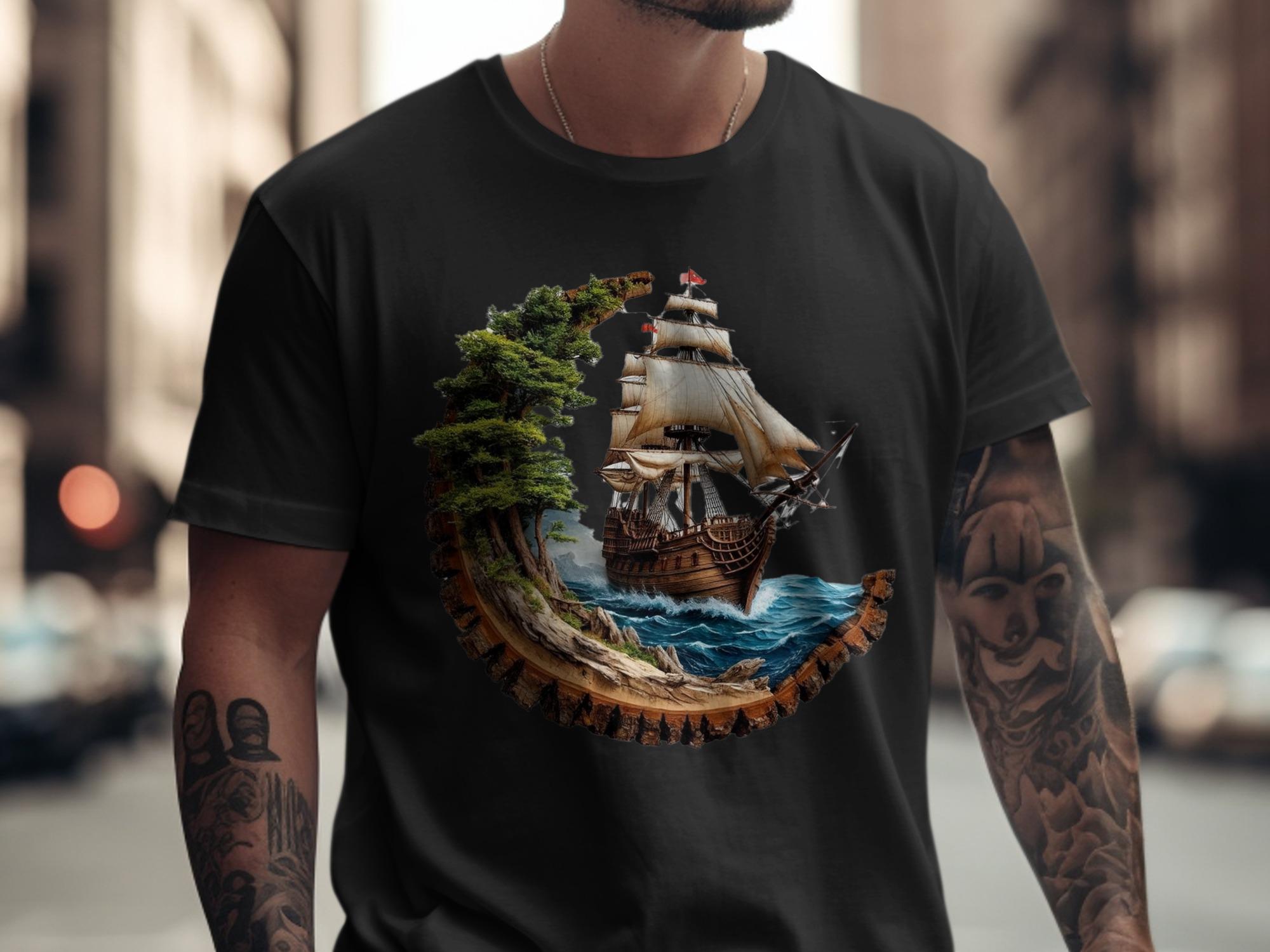Sailing Ship T-shirt, Pirate Ship Art, Ocean Voyage Tee, Wooden Slice ...