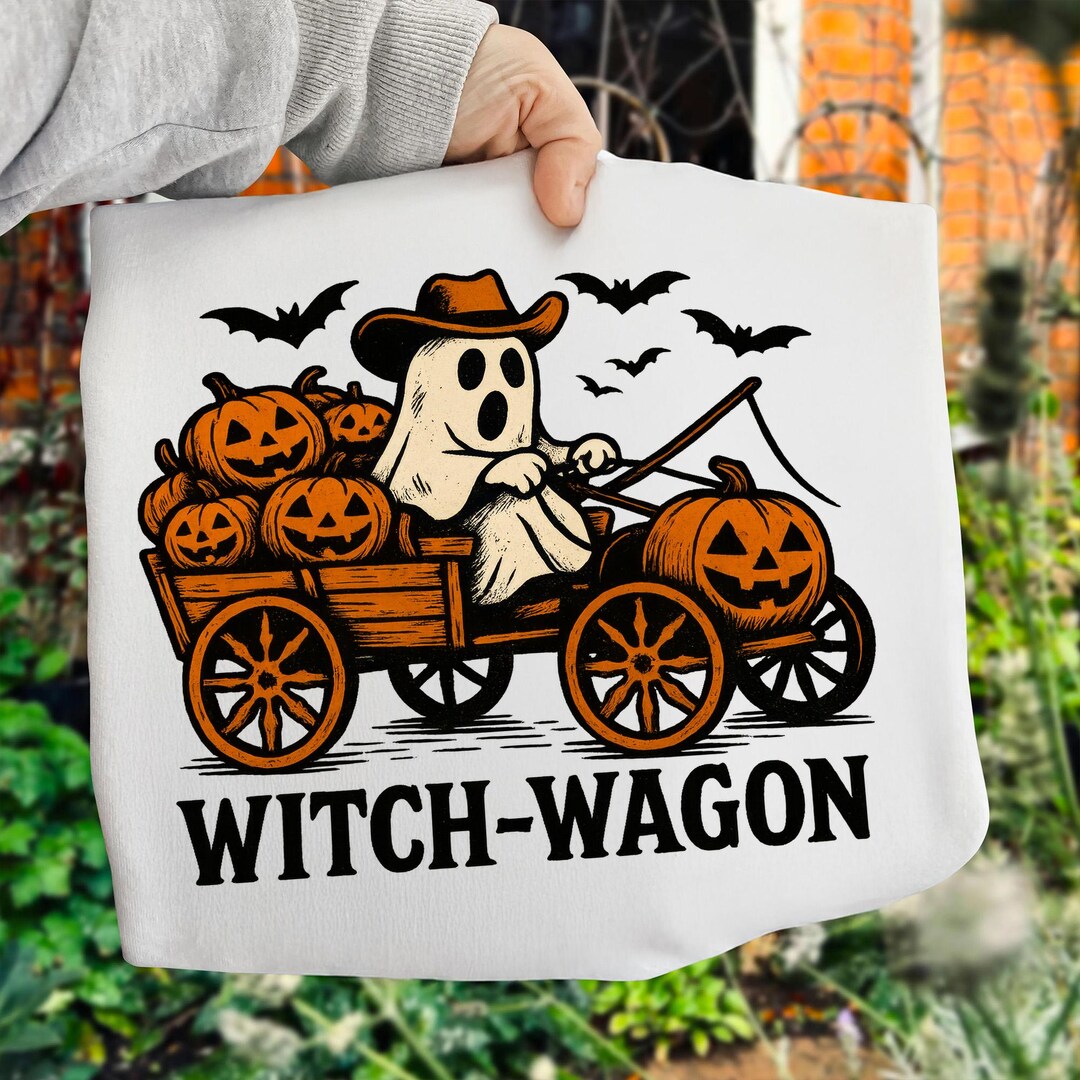 Retro Halloween Ghost Wagon PNG: Spooky Cowboy Pumpkin Design (digital ...