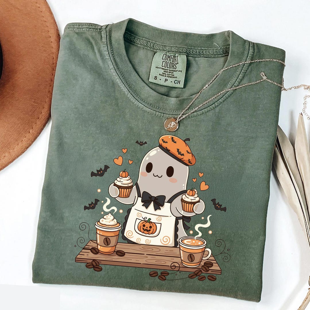 Kawaii Halloween Ghost Barista PNG: Pumpkin Cupcake & Coffee (digital ...