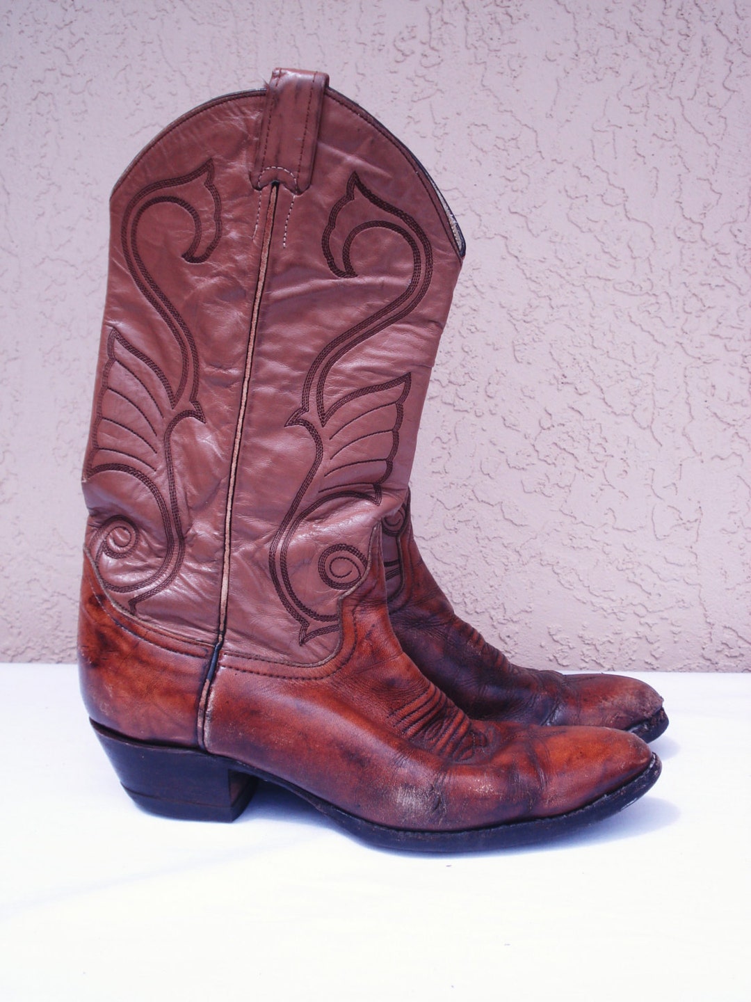 Vintage 2 Tone Brown Lary Mahan Leather and Ostridge Cowboy Boots Size ...