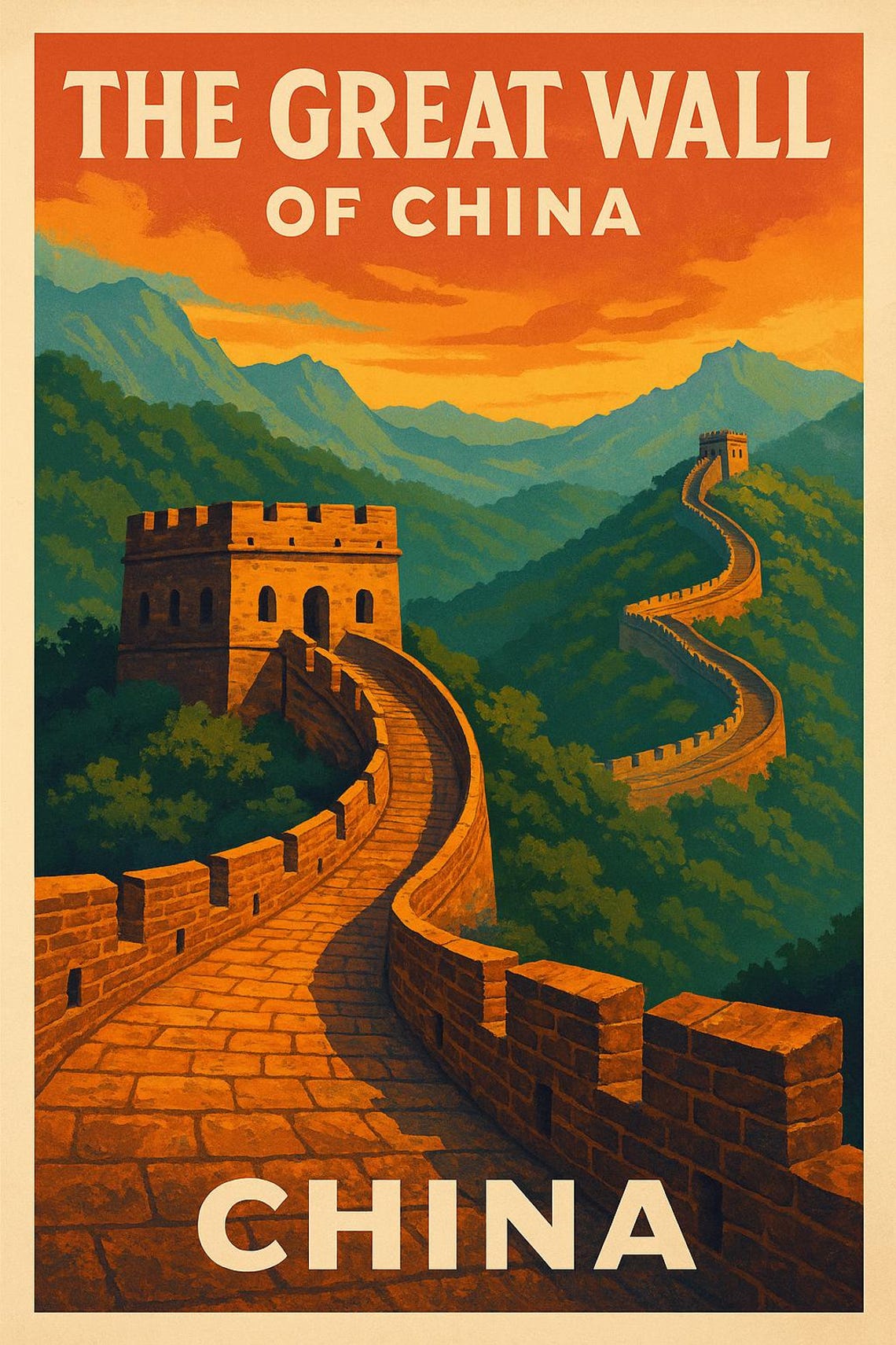 Great Wall of China Poster | Vintage Travel Wall Art | Seven Wonders of ...