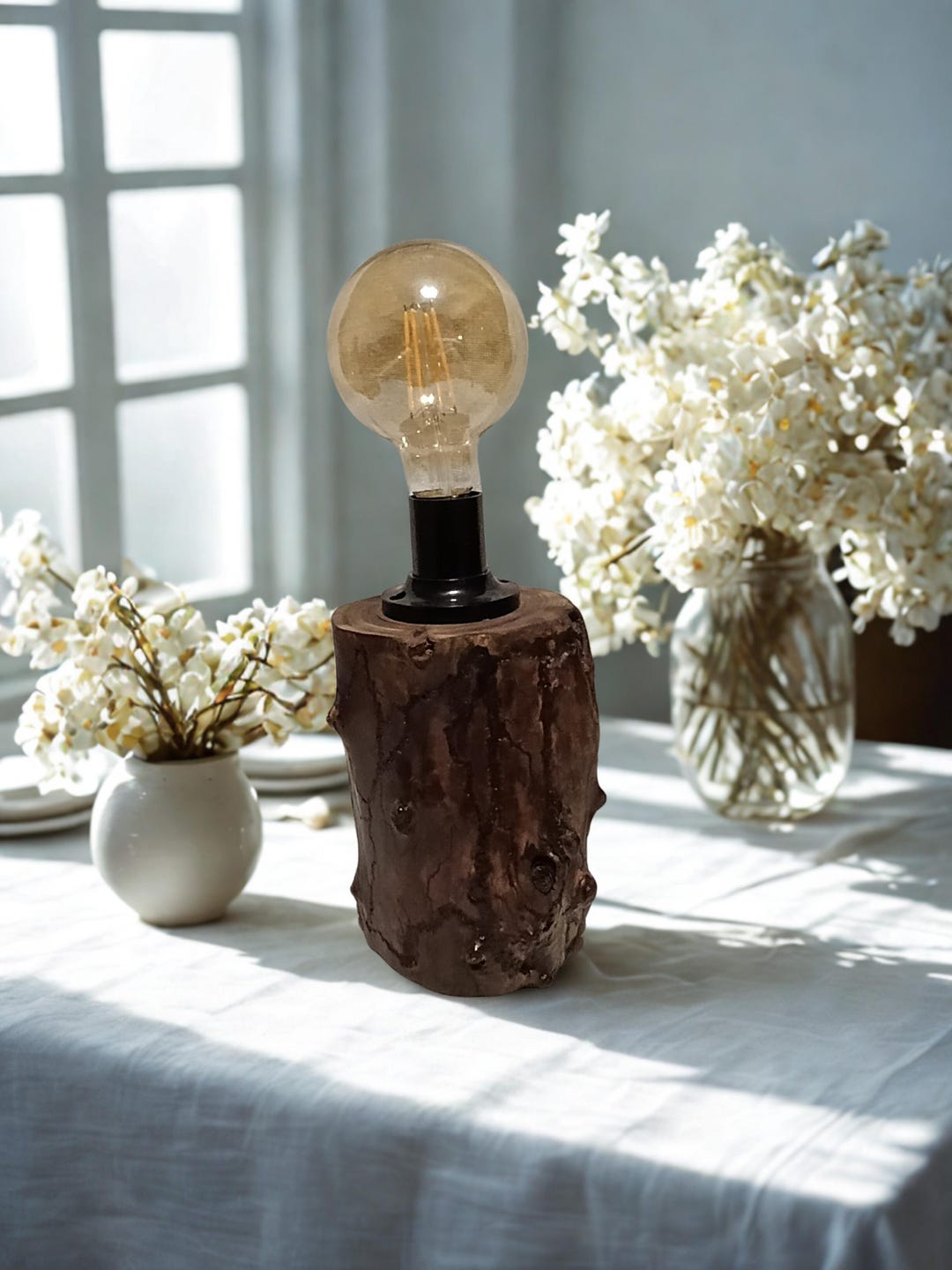 Wooden Table Lamp: Handmade, Natural Rustic Decor - Etsy