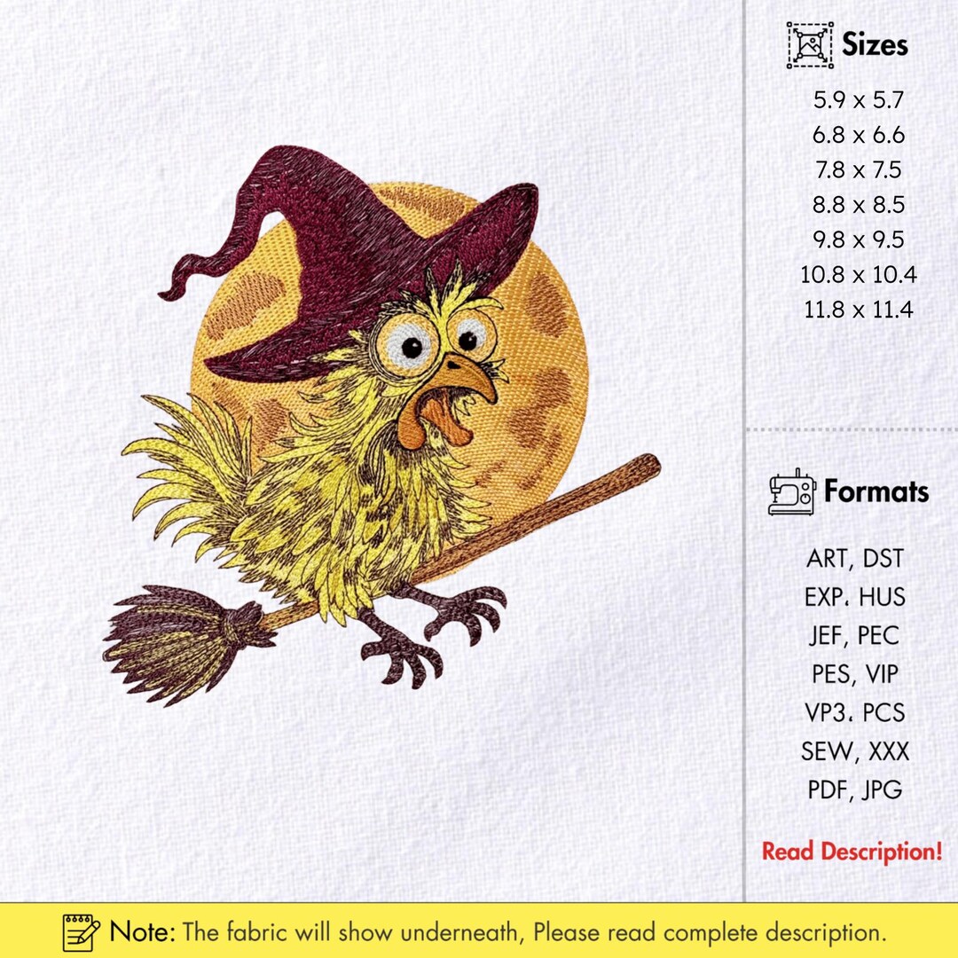 Panic Chicken Broomstick Embroidery Design Halloween Chicken Embroidery ...