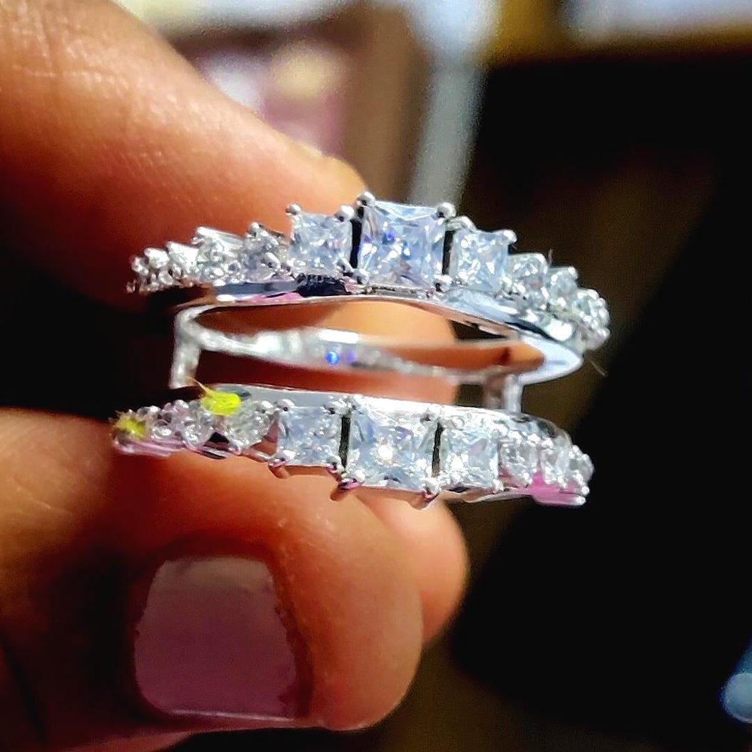 Simulated Diamond Princess Cut Enhancer Wedding Ring 14K White Gold ...