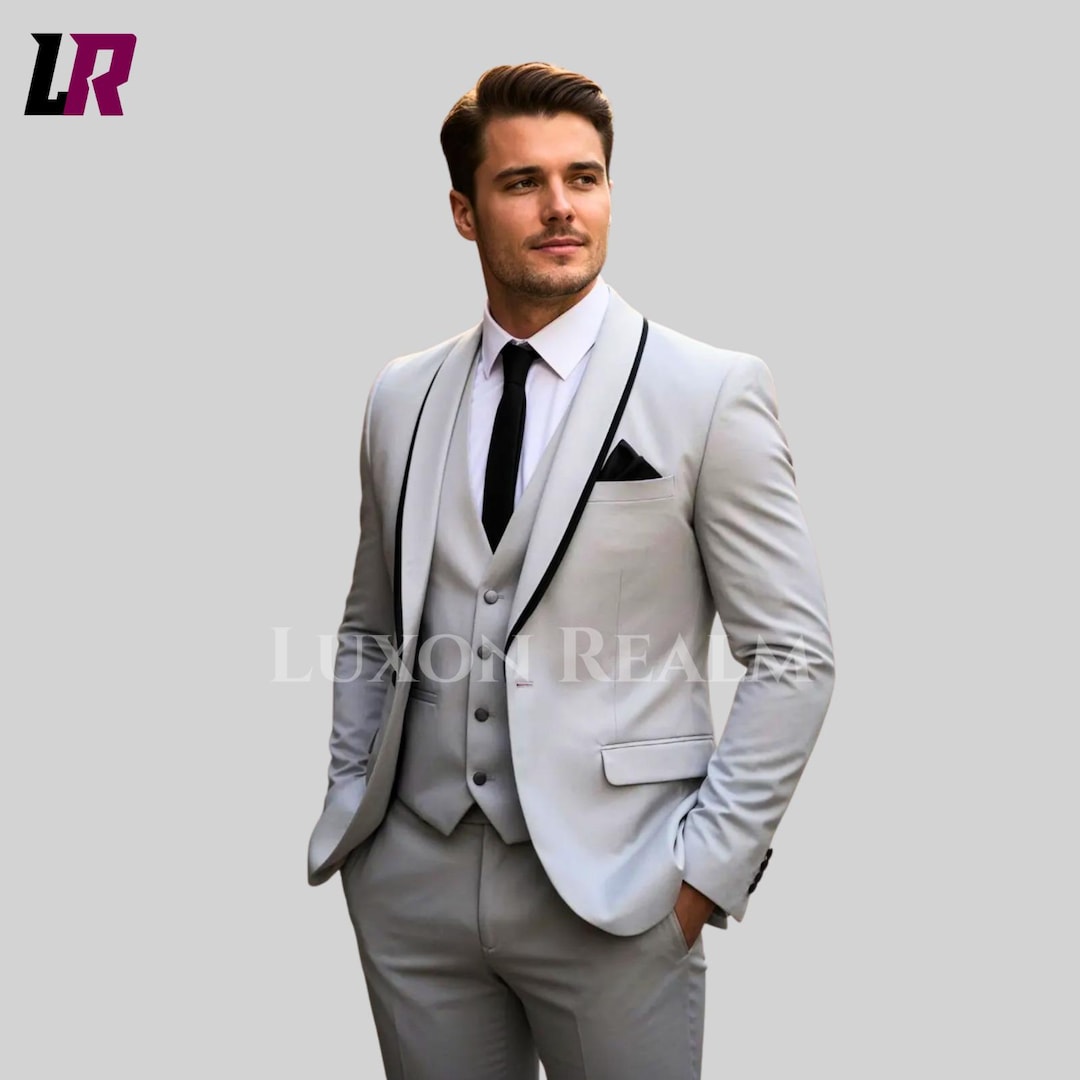 Men’s Light Grey Formal Suit | Wedding Tuxedo 3 Piece | Custom Prom ...