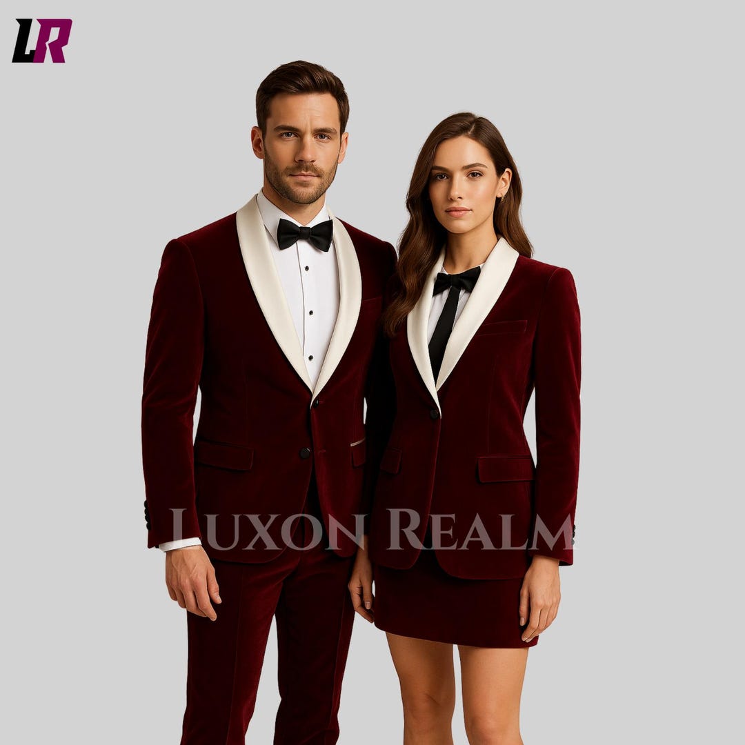 Burgundy Velvet Christmas Suit Set | Men & Women Holiday Tuxedo ...