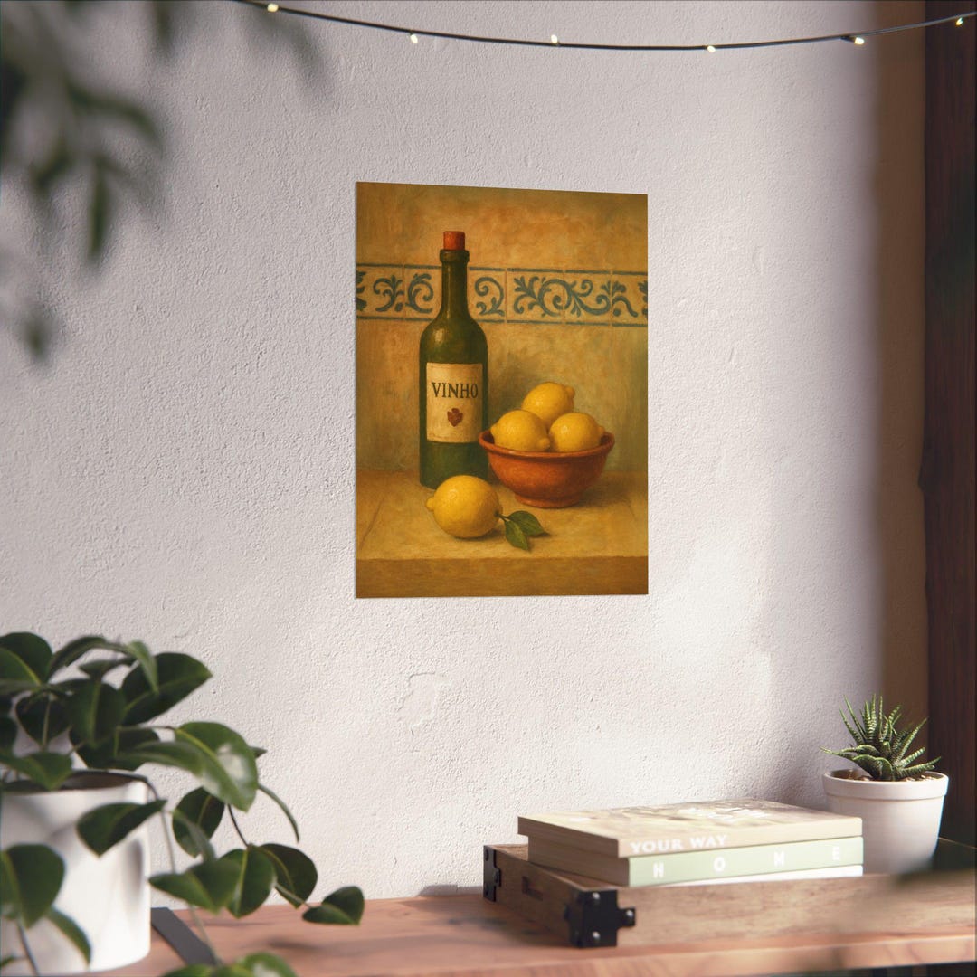 Vintage Portuguese Lemon & Wine Still Life Poster, Kitchen Art, Home ...