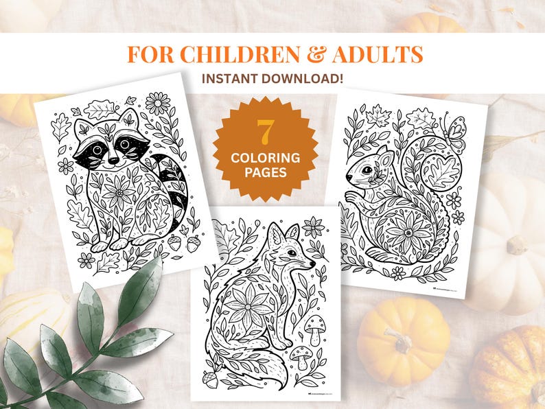 Woodland Animals Fall Coloring Pages Bundle | Adult & Kids | 8 1/2 X 11 ...