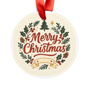Merry Christmas Wreath Acrylic Ornament | Round Holiday Ornament With ...