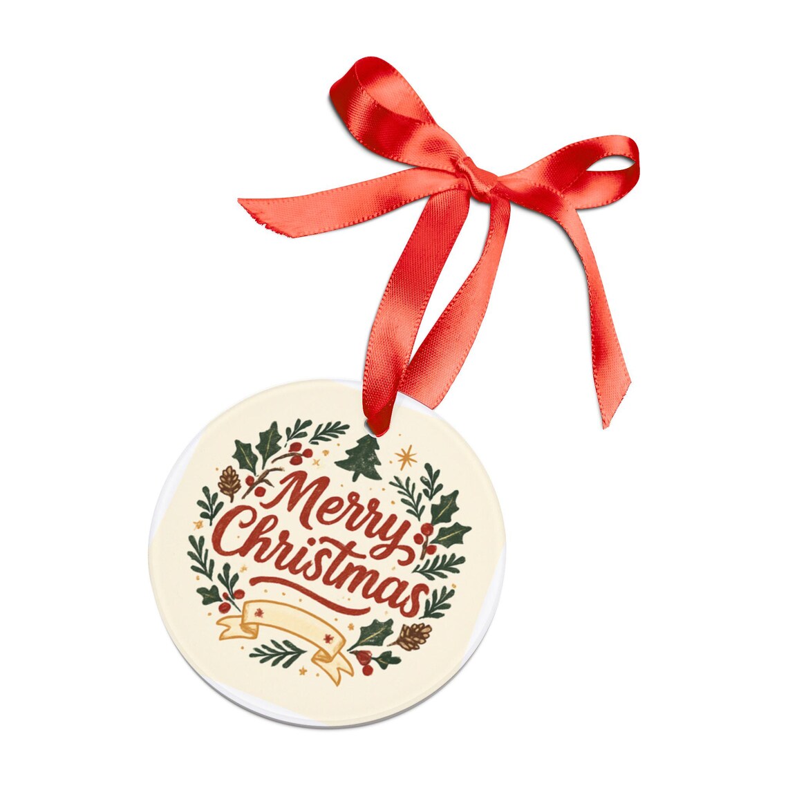 Merry Christmas Wreath Acrylic Ornament | Round Holiday Ornament With ...